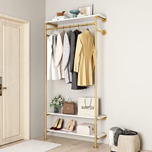 Smlttel Gold Wall Clothing Racks with White Shelves, Wall Mounted Gold Clothes Rack for Hanging Rods，Heavy Duty Pipe Clothing Racks With Three Shelves Retail Display Garment Rack for Home