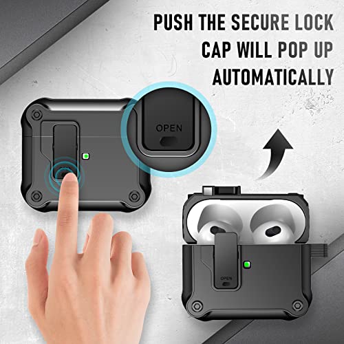 Valkit for Apple Airpods 3rd Generation Case Cover with Lock, Cool AirPods 3 Case with Keychain for Men Women Military Hard Shell Rugged Shockproof Air Pod 3 Case for AirPod 3rd Gen Case 2021, Black