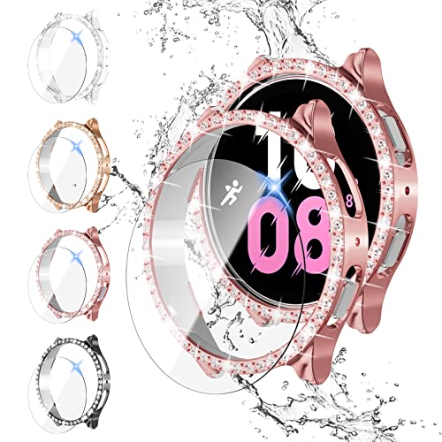 [4+4 Pack] Diamond Bling Case & Screen Protector 40mm for Galaxy Watch 5/4 - Anti-Fog Tempered Glass, Hard PC Cover, Women's Smartwatch Accessories