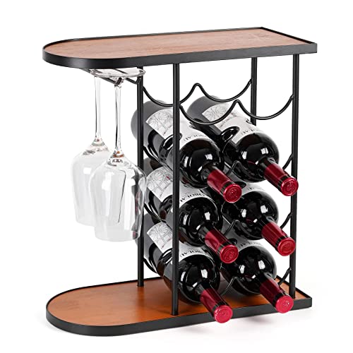 TRSPCWR Wine Rack for Countertop, Tabletop Wood Wine Holder with Glass Holder, Hold 8 Wine Bottles and 2 Glasses, Perfect for Home Decor & Kitchen Storage Rack