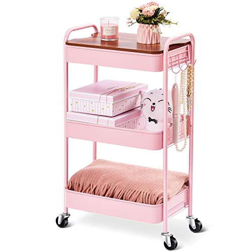 TOOLF 3-Tier Rolling Cart, Metal Utility Cart with Detachable Tray Top, Storage Craft Art Cart Trolley Organizer Serving Cart Easy Assembly for Office, Bathroom, Kitchen, Kids' Room, Classroom