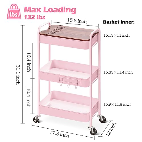 TOOLF 3-Tier Rolling Cart, Metal Utility Cart with Detachable Tray Top, Storage Craft Art Cart Trolley Organizer Serving Cart Easy Assembly for Office, Bathroom, Kitchen, Kids' Room, Classroom