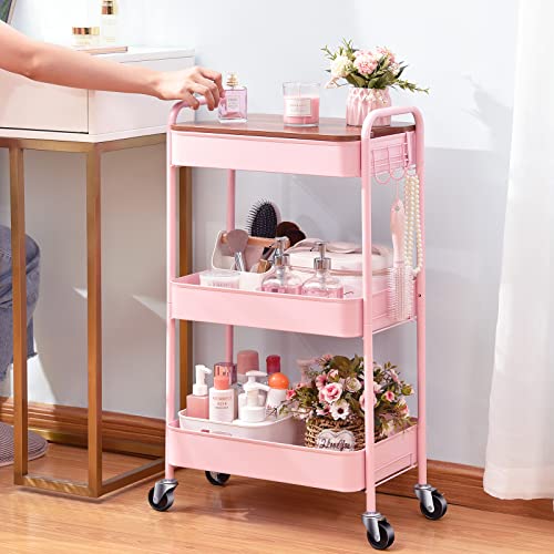 TOOLF 3-Tier Rolling Cart, Metal Utility Cart with Detachable Tray Top, Storage Craft Art Cart Trolley Organizer Serving Cart Easy Assembly for Office, Bathroom, Kitchen, Kids' Room, Classroom