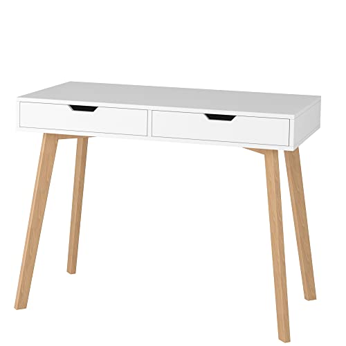 FOTOSOK White Computer Writing Desk with 2 Drawers, Modern Home Office Desk with 4 Oak Legs, Small Makeup Vanity Table Desk Console Study Table