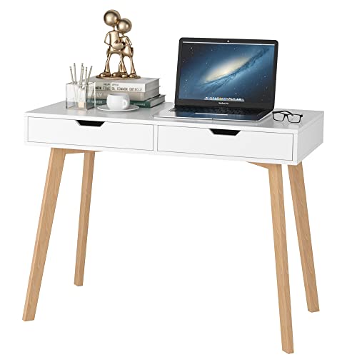 FOTOSOK White Computer Writing Desk with 2 Drawers, Modern Home Office Desk with 4 Oak Legs, Small Makeup Vanity Table Desk Console Study Table