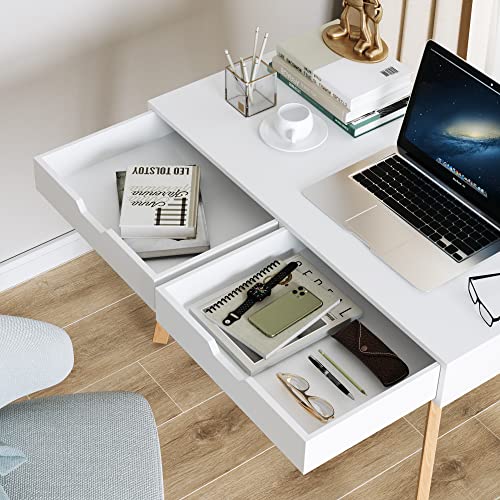 FOTOSOK White Computer Writing Desk with 2 Drawers, Modern Home Office Desk with 4 Oak Legs, Small Makeup Vanity Table Desk Console Study Table