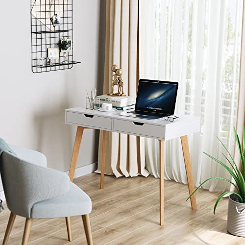 FOTOSOK White Computer Writing Desk with 2 Drawers, Modern Home Office Desk with 4 Oak Legs, Small Makeup Vanity Table Desk Console Study Table