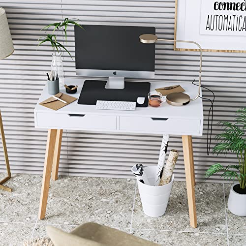 FOTOSOK White Computer Writing Desk with 2 Drawers, Modern Home Office Desk with 4 Oak Legs, Small Makeup Vanity Table Desk Console Study Table