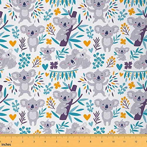 Koala Fabric by The Yard, Australia Wild Animal Upholstery Fabric, Leaf Floral Branches Botanical Decorative Fabric for Quilting Sewing Cartoon Bear Child Kawaii Fabric Gift, Gray Blue 1 Yard