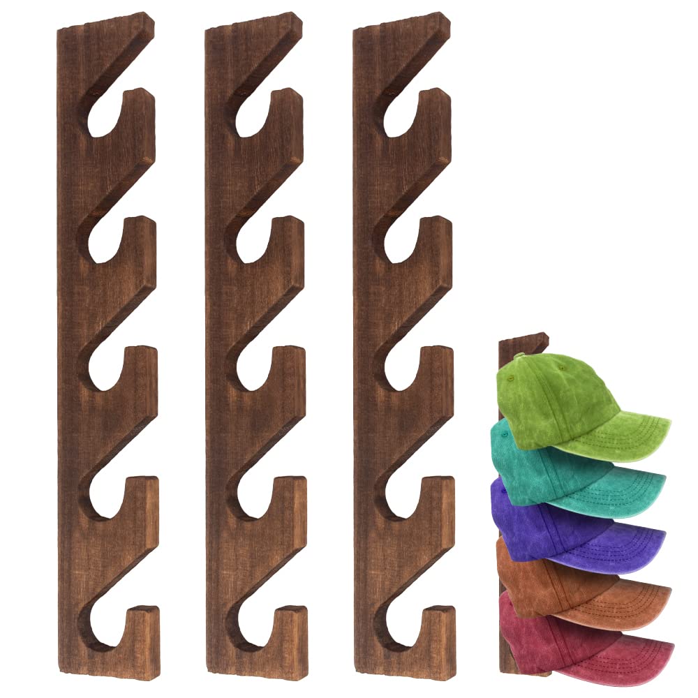 3 Pcs Hat Rack for Baseball Caps, Wall Mounted Wooden Hat Storage Organizer Hanger, Wall Vertical Hat Holder Caps Display Rack for Closet Door Bedroom Living Room Entryroom Laundry (Brown Wood)