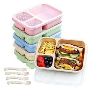 6 pack lunch containers for kids, 3 compartment bento lunch box, reusable food storage bento box meal prep containers for school, work and travel with forks and spoons