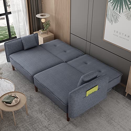 WILLIAMSPACE Futon Sofa Bed, Convertible Sleeper Sofa with Magazine Bag, Small Splitback Sofa with Tapered Solid Wood Leg, Padded Seat and Back, Loveseat Couch for Living Room, Grey Fabric