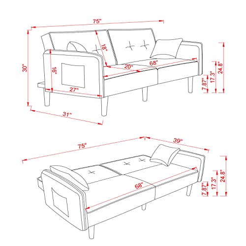 WILLIAMSPACE Futon Sofa Bed, Convertible Sleeper Sofa with Magazine Bag, Small Splitback Sofa with Tapered Solid Wood Leg, Padded Seat and Back, Loveseat Couch for Living Room, Grey Fabric