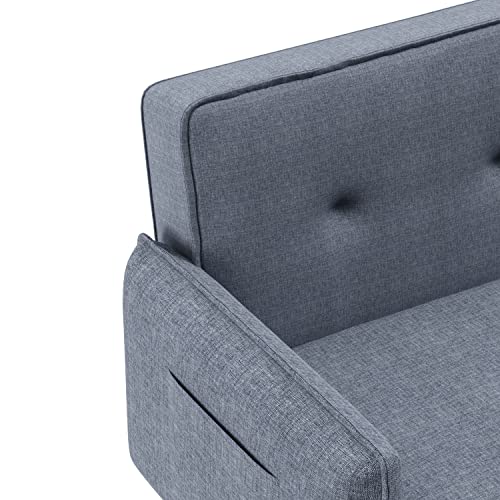 WILLIAMSPACE Futon Sofa Bed, Convertible Sleeper Sofa with Magazine Bag, Small Splitback Sofa with Tapered Solid Wood Leg, Padded Seat and Back, Loveseat Couch for Living Room, Grey Fabric