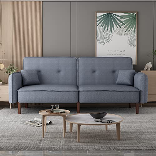 WILLIAMSPACE Futon Sofa Bed, Convertible Sleeper Sofa with Magazine Bag, Small Splitback Sofa with Tapered Solid Wood Leg, Padded Seat and Back, Loveseat Couch for Living Room, Grey Fabric