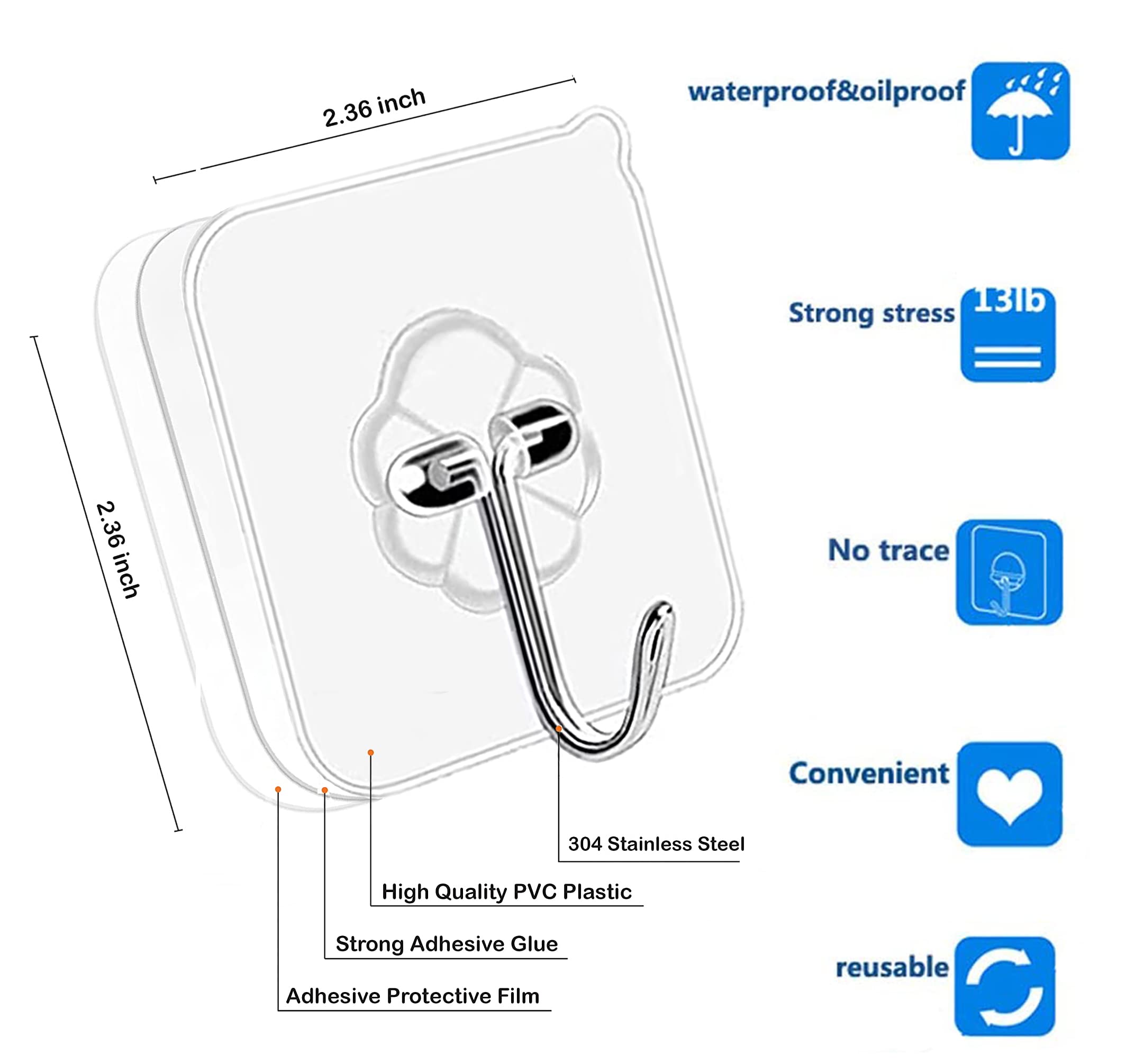 Elegana Adhesive Hooks Kitchen Wall Hooks - 24 Packs Heavy Duty 33lb(Max) Nail Free Sticky Hangers with Stainless Hooks Waterproof and Oilproof Reusable Utility Towel Bath Ceiling Hooks