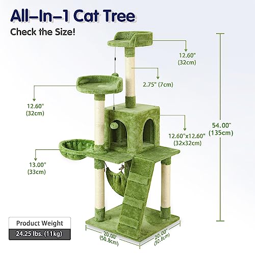 KZLAA 54in Cat Tree Cat Tower Condo Furniture Scratch Post with Natural Sisal Rope, Hammock & Cradle for Cats Kittens, Tall Cat Climbing Stand with Plush Perch & Toys (Green)