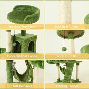 KZLAA 54in Cat Tree Cat Tower Condo Furniture Scratch Post with Natural Sisal Rope, Hammock & Cradle for Cats Kittens, Tall Cat Climbing Stand with Plush Perch & Toys (Green)