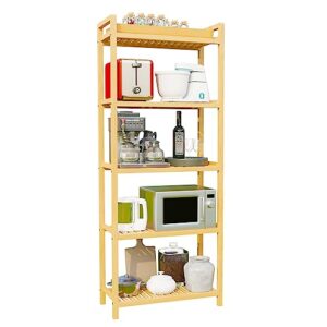 bamboo bathroom shelf, 5-tier narrow freestanding tower storage shelves adjustable bookshelf bookcase unit for bathroom/living room/bedroom/kitchen/laundry room, easy assembly,natural