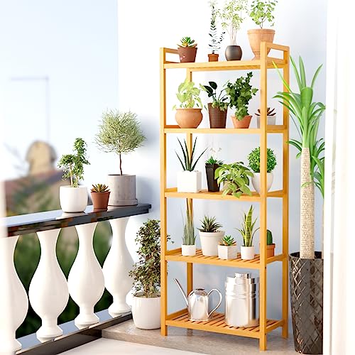 Bamboo Bathroom Shelf, 5-Tier Narrow Freestanding Tower Storage Shelves Adjustable Bookshelf Bookcase Unit for Bathroom/Living Room/Bedroom/Kitchen/Laundry Room, Easy Assembly,Natural