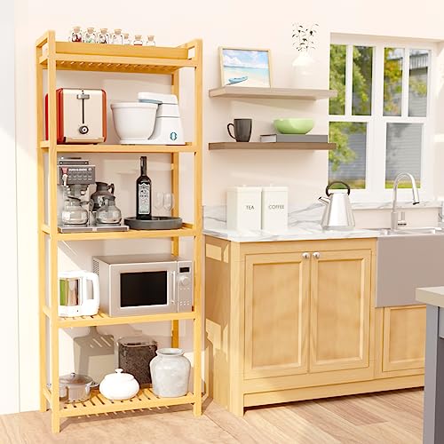 Bamboo Bathroom Shelf, 5-Tier Narrow Freestanding Tower Storage Shelves Adjustable Bookshelf Bookcase Unit for Bathroom/Living Room/Bedroom/Kitchen/Laundry Room, Easy Assembly,Natural