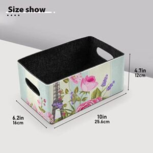 Eiffel Tower Floral Storage Basket Felt Storage Bin Collapsible Toy Boxs Foldable Felt Cube Organizer for Kids Bedroom Magazine