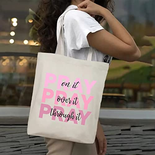 SAUIVD Christian Religious God Canvas Tote Bag Women Handbags Funny Pray Letter Reusable Grocery Shopping Tote Bag