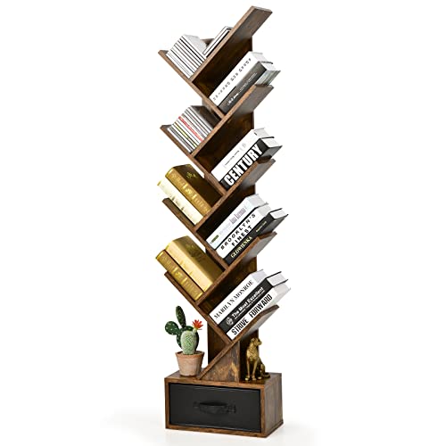 Tangkula 10 Tier Tree Bookshelf with Drawer, Floor Standing Storage Rack for CDs, Movies & Books, Display Utility Organizer Shelves for Bedroom, Living Room & Home Office (Rustic Brown)