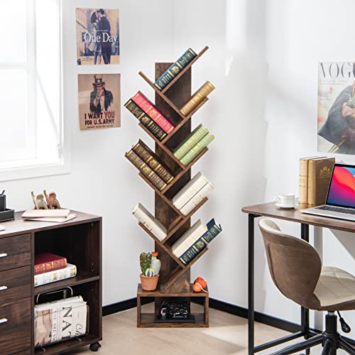 Tangkula 10 Tier Tree Bookshelf with Drawer, Floor Standing Storage Rack for CDs, Movies & Books, Display Utility Organizer Shelves for Bedroom, Living Room & Home Office (Rustic Brown)