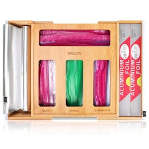 Ziplock Bag Organizer with Cutter and Foil And Plastic Wrap Organizer, Expandable Bamboo Baggie Organizer Plastic Wrap Dispenser With Cutter for Kitchen Drawer, Ziplock Bag Organizer for Drawer