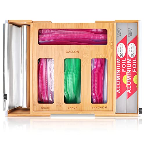 Ziplock Bag Organizer with Cutter and Foil And Plastic Wrap Organizer, Expandable Bamboo Baggie Organizer Plastic Wrap Dispenser With Cutter for Kitchen Drawer, Ziplock Bag Organizer for Drawer