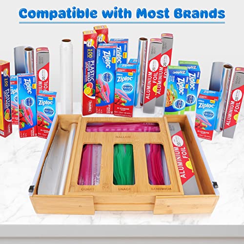 Ziplock Bag Organizer with Cutter and Foil And Plastic Wrap Organizer, Expandable Bamboo Baggie Organizer Plastic Wrap Dispenser With Cutter for Kitchen Drawer, Ziplock Bag Organizer for Drawer