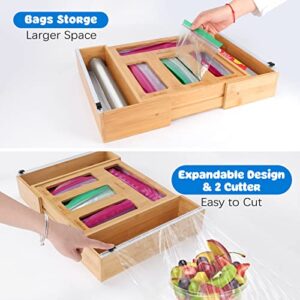 Ziplock Bag Organizer with Cutter and Foil And Plastic Wrap Organizer, Expandable Bamboo Baggie Organizer Plastic Wrap Dispenser With Cutter for Kitchen Drawer, Ziplock Bag Organizer for Drawer