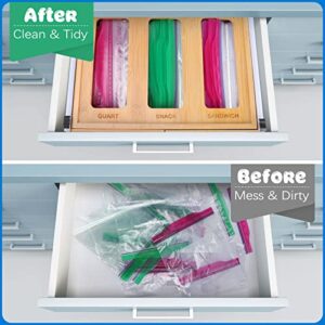 Ziplock Bag Organizer with Cutter and Foil And Plastic Wrap Organizer, Expandable Bamboo Baggie Organizer Plastic Wrap Dispenser With Cutter for Kitchen Drawer, Ziplock Bag Organizer for Drawer