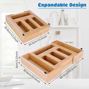 Ziplock Bag Organizer with Cutter and Foil And Plastic Wrap Organizer, Expandable Bamboo Baggie Organizer Plastic Wrap Dispenser With Cutter for Kitchen Drawer, Ziplock Bag Organizer for Drawer