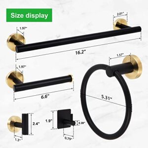 DYRECELVE Bathroom Hardware Set 7 Pieces, Towel Bar Set Stainless Steel Wall Mounted, Includes 16In Towel Rack, 4 Robe Towel Hooks,Toilet Paper Holder, Towel Ring, Black Gold Bathroom Accessories Kit