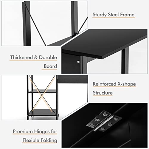 Tangkula Folding Computer Desk, Modern Writing Table w/ 2-Tier Storage Shelves, PC Laptop Study Table Workstation w/ 6 Wheels, Space Saving Compact Home Office Desk for Small Apartment (Black)