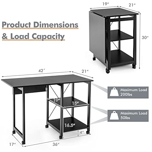 Tangkula Folding Computer Desk, Modern Writing Table w/ 2-Tier Storage Shelves, PC Laptop Study Table Workstation w/ 6 Wheels, Space Saving Compact Home Office Desk for Small Apartment (Black)