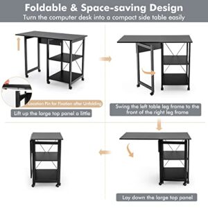 Tangkula Folding Computer Desk, Modern Writing Table w/ 2-Tier Storage Shelves, PC Laptop Study Table Workstation w/ 6 Wheels, Space Saving Compact Home Office Desk for Small Apartment (Black)