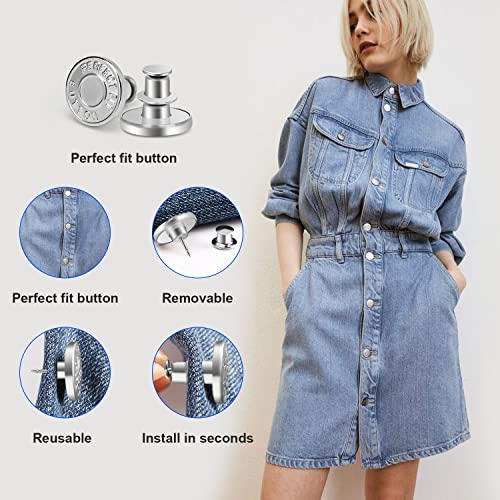 12 Sets Button Pins for Jeans Pants, Adjustable Reusable Jean Buttons Pins Instant Reduce Loose Jeans, No Sew and No Tools Metal Pants Button Replacement, Clips Jean Button Tightener