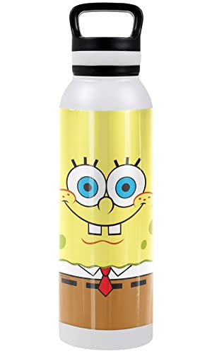 Spongebob Official Dual Face 24 oz Insulated Canteen Water Bottle, Leak Resistant, Vacuum Insulated Stainless Steel with Loop Cap, White