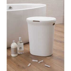 Superio Ribbed Collection - Decorative Plastic Laundry Hamper with Lid and Cut-Out Handles, White (1 Pack) Basket Organzier for Bedroom Bathroom College Dorm Room 40 Liter