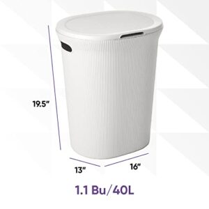 Superio Ribbed Collection - Decorative Plastic Laundry Hamper with Lid and Cut-Out Handles, White (1 Pack) Basket Organzier for Bedroom Bathroom College Dorm Room 40 Liter