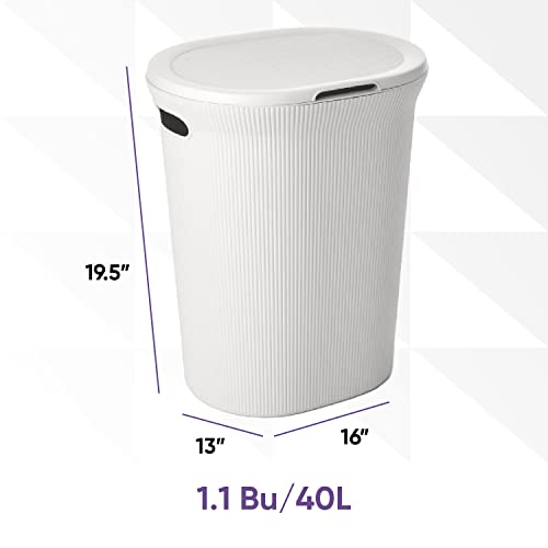 Superio Ribbed Collection - Decorative Plastic Laundry Hamper with Lid and Cut-Out Handles, White (1 Pack) Basket Organzier for Bedroom Bathroom College Dorm Room 40 Liter