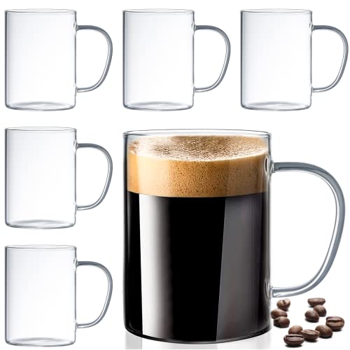 Set of 6 Ultra Durable Sleek Glass Coffee Mugs with Handle, Clear Borosilicate Glass Teacups, Coffee Cups for Cappuccino, Latte, Tea, Espresso, Hot Beverage, Dishwasher & Microwave Safe