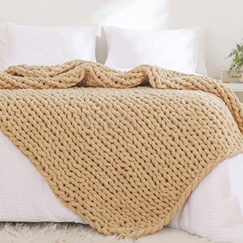 YAAPSU Chunky Knit Blanket Throw 51"x63", Soft Jumbo Chenille Throw Blanket, 100% Hand Knitted Throw Blankets for Couch Bed, Big Thick Yarn Cable Knit Blanket, Large Rope Knot Crochet Blanket (Tan)