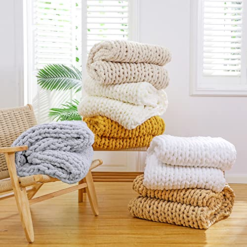 YAAPSU Chunky Knit Blanket Throw 51"x63", Soft Jumbo Chenille Throw Blanket, 100% Hand Knitted Throw Blankets for Couch Bed, Big Thick Yarn Cable Knit Blanket, Large Rope Knot Crochet Blanket (Tan)