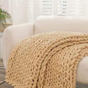 YAAPSU Chunky Knit Blanket Throw 51"x63", Soft Jumbo Chenille Throw Blanket, 100% Hand Knitted Throw Blankets for Couch Bed, Big Thick Yarn Cable Knit Blanket, Large Rope Knot Crochet Blanket (Tan)