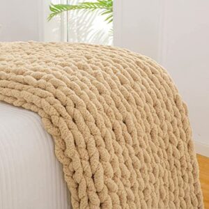 YAAPSU Chunky Knit Blanket Throw 51"x63", Soft Jumbo Chenille Throw Blanket, 100% Hand Knitted Throw Blankets for Couch Bed, Big Thick Yarn Cable Knit Blanket, Large Rope Knot Crochet Blanket (Tan)