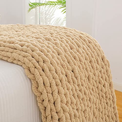 YAAPSU Chunky Knit Blanket Throw 51"x63", Soft Jumbo Chenille Throw Blanket, 100% Hand Knitted Throw Blankets for Couch Bed, Big Thick Yarn Cable Knit Blanket, Large Rope Knot Crochet Blanket (Tan)